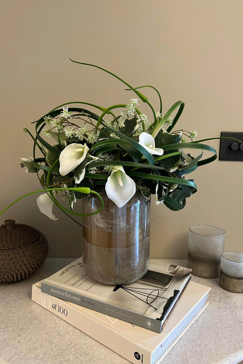 Calla Lilies with Japanese Knotweed and Ivy in a Gold/Taupe Glass Vase ...