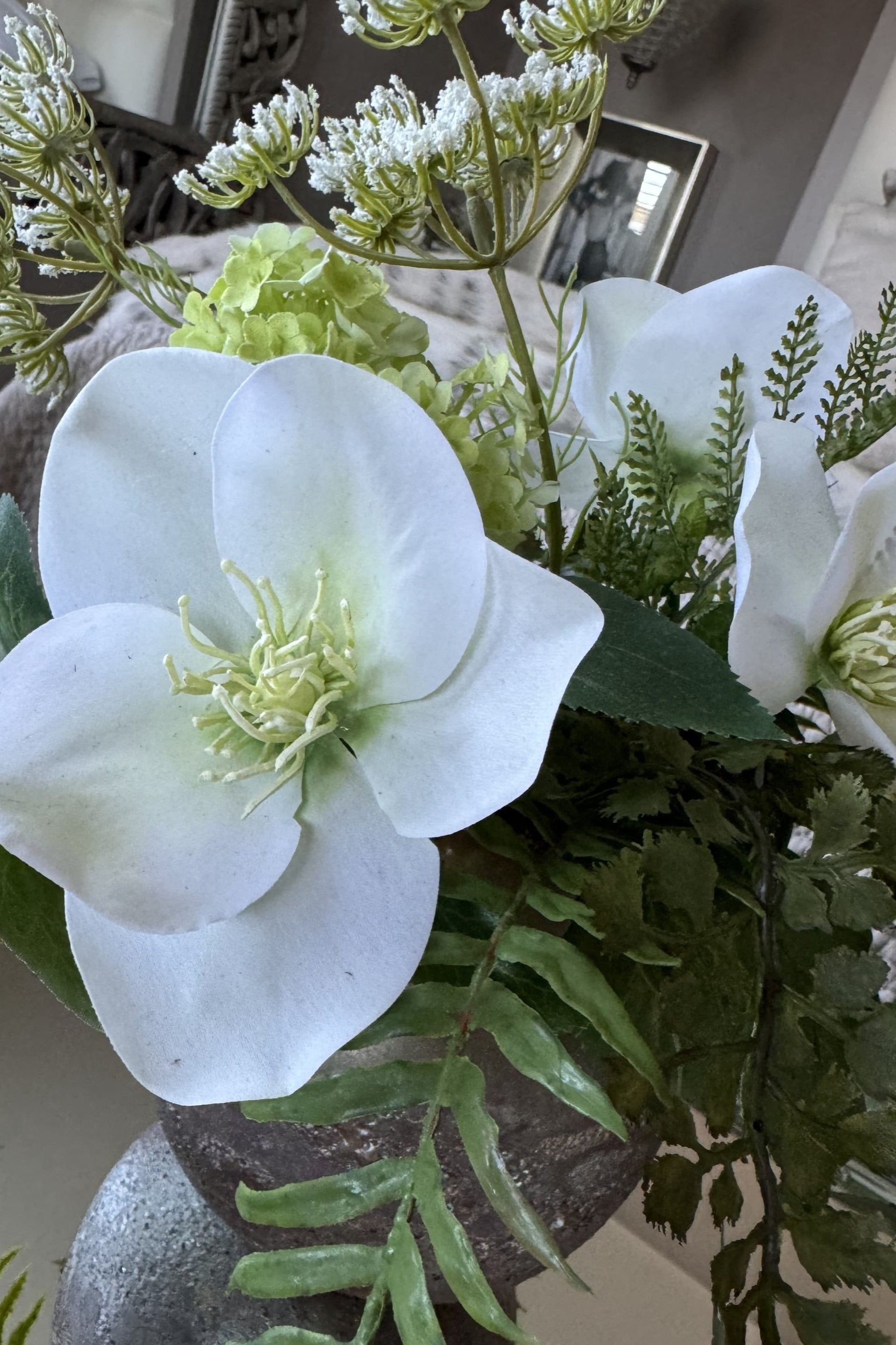 Hellebore, Guelder Rose and Queen Anne's Lace in a Round Frosted Glass ...