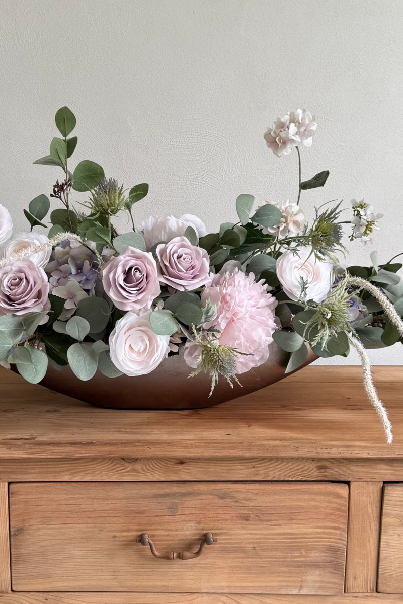 Eucalyptus, Rose and Ranunculus in a Champagne Rose Boat – RTfact Flowers