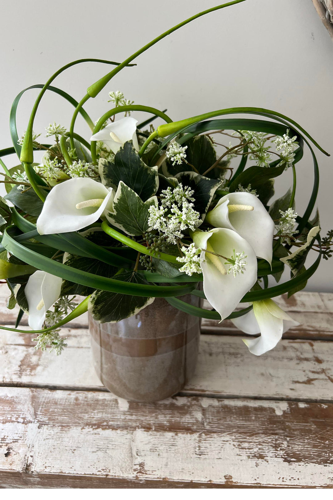 Calla Lily with Japanese Knotweed and Queen Anne's Lace in a Gold/Taup ...